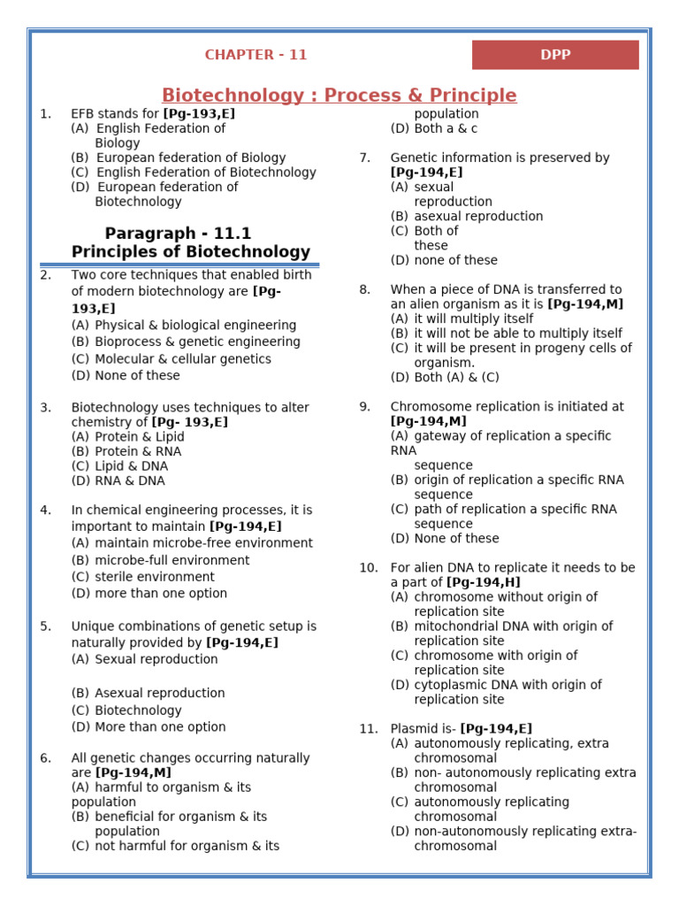 CH - 11 Biotechnology Process - Principle DPP XII COMPLETE | PDF | Restriction Enzyme | Agarose ...