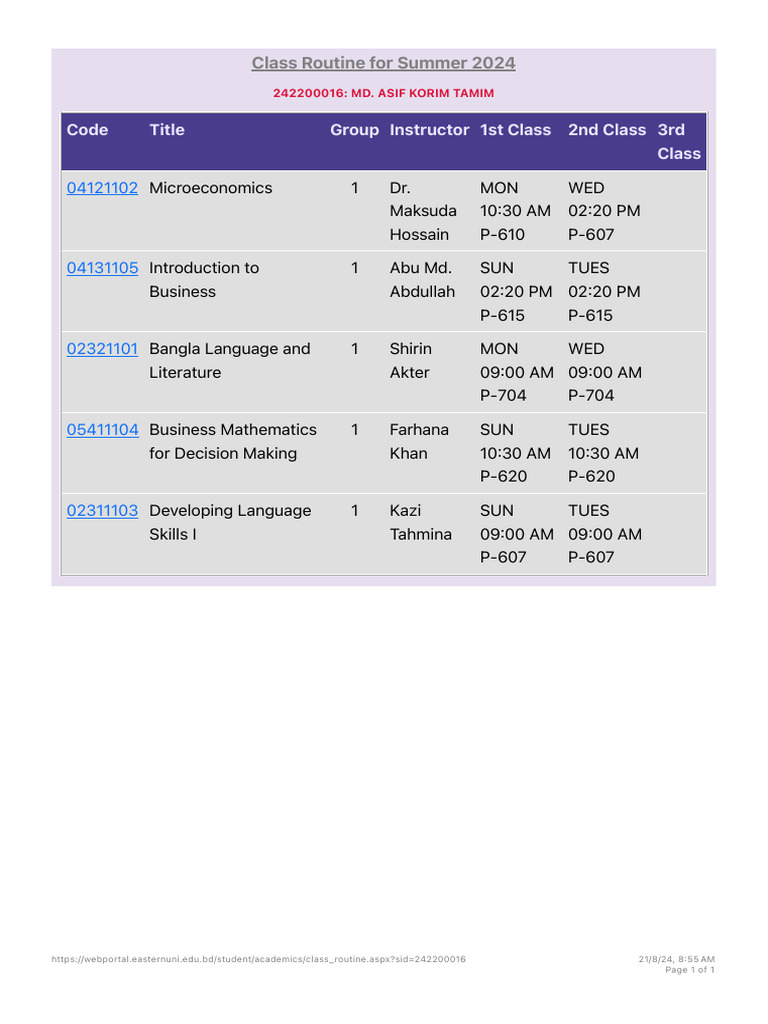 Class Routine For Summer 2024 | PDF