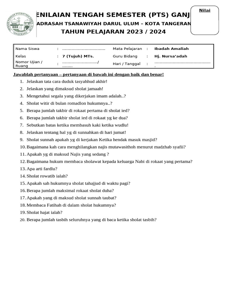 Soal Ibadah Amaliah PTS Ganjil TA 2023-2024 (Kelas 7 MTS) | PDF