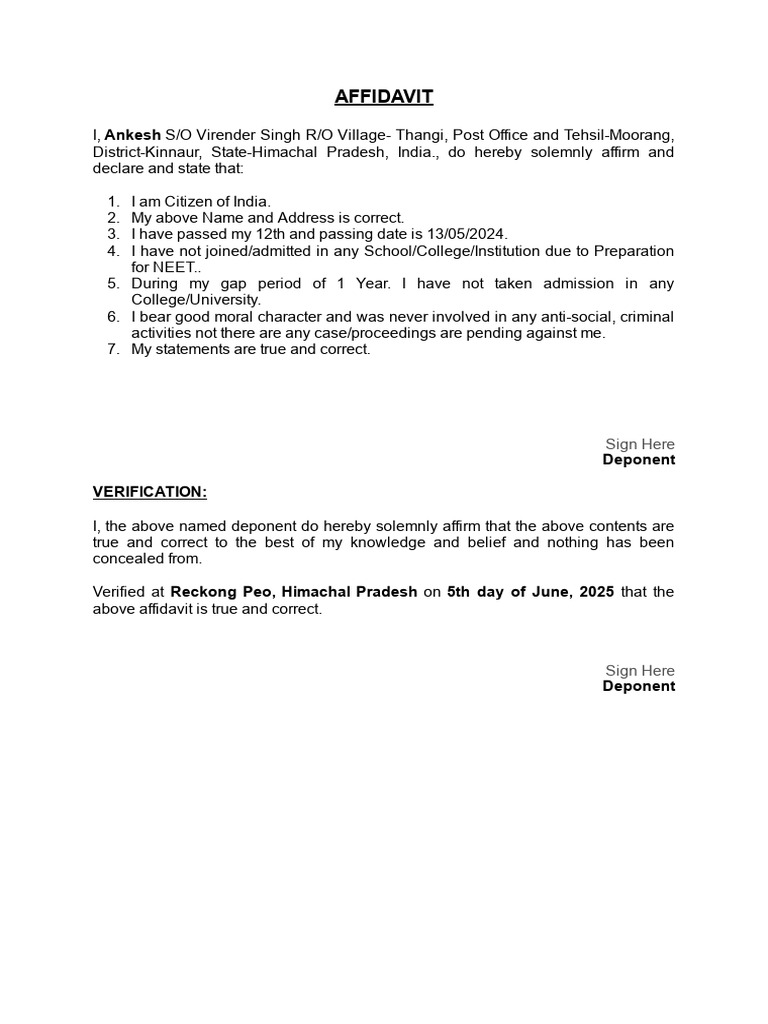 Affidavit For Gap in Education Ankesh - Temporary | PDF