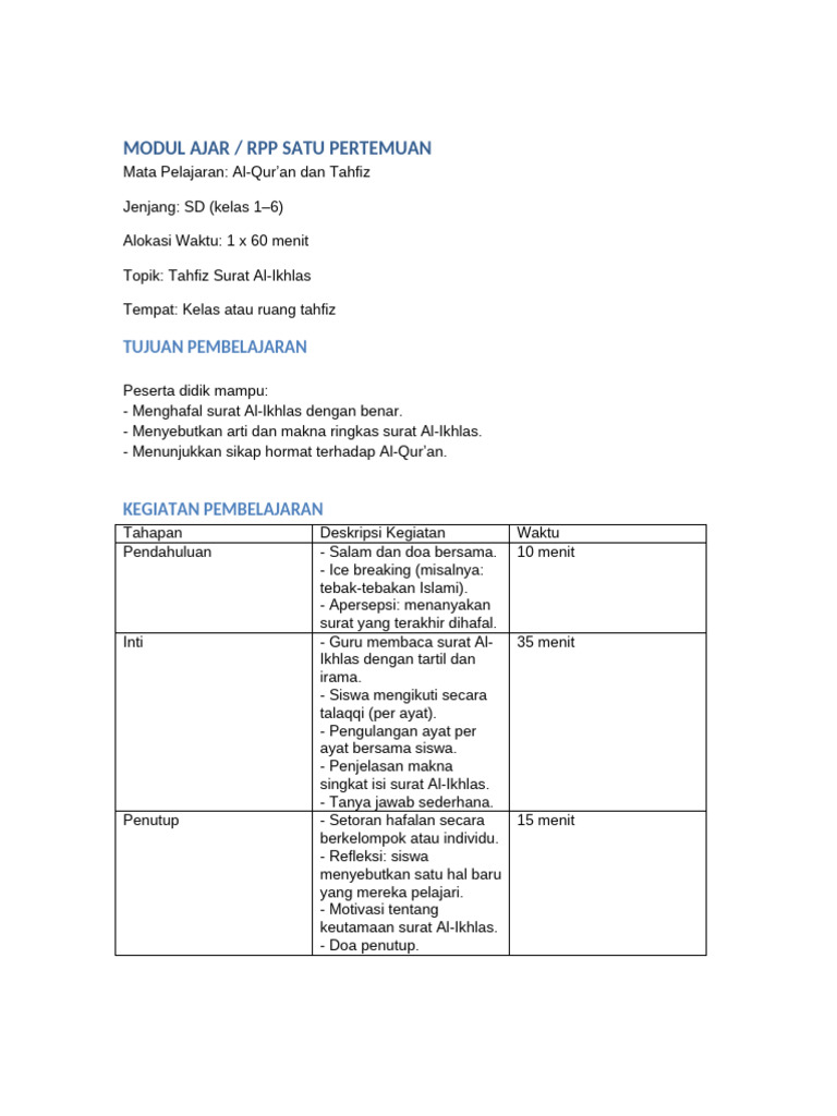 RPP Modul Ajar Tahfiz SD | PDF