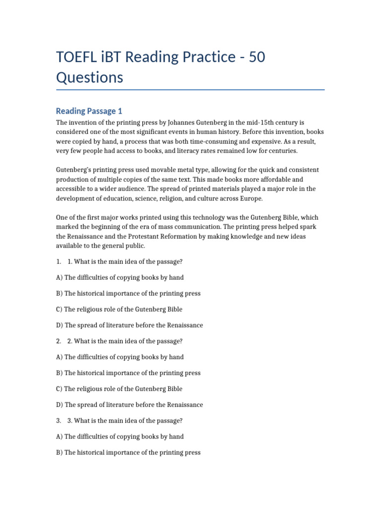 TOEFL IBT Reading Practice 50 Questions | PDF | Printing Press | Printing