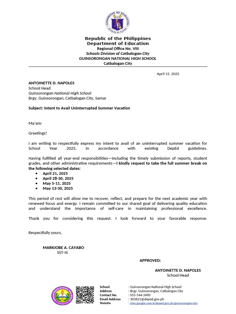 Uninterrupted Vacation Letter | PDF