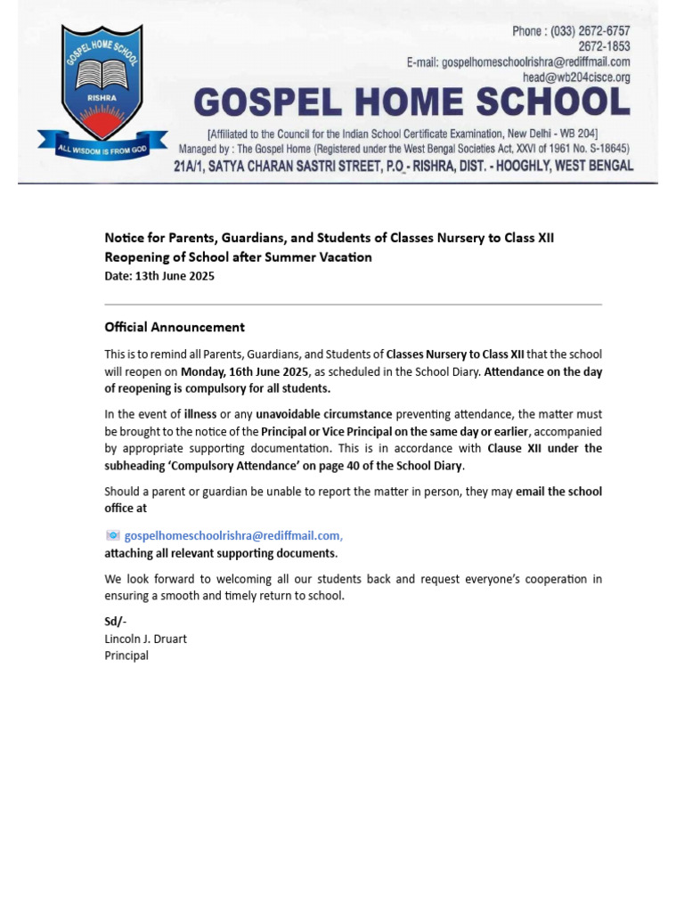 School Reopening Notice for Parents | PDF