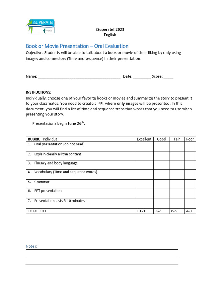 Book or Movie Oral Presentation (Time and Sequence Words) | PDF