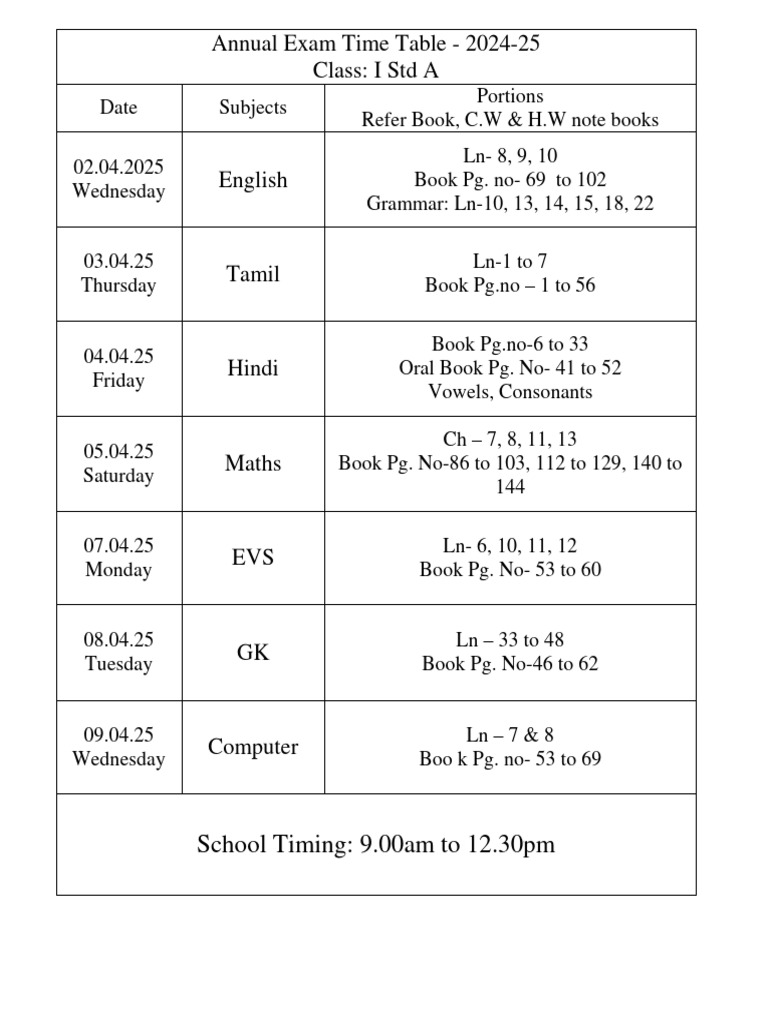 I - STD (A) Annual Time Table 24-25-1 | PDF