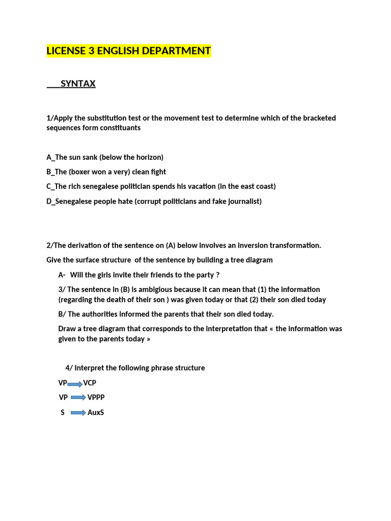 License 3 English Department Syntax | PDF