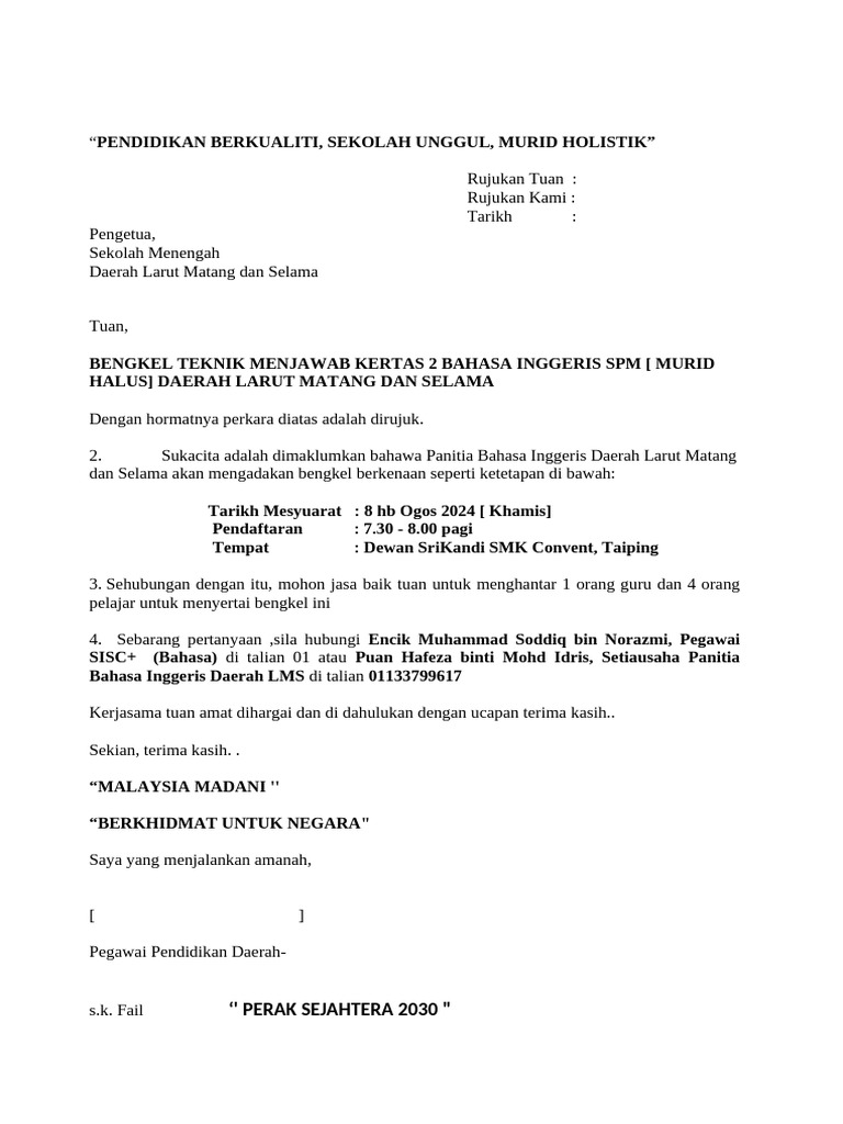 Surat Jemputan Bengkel Teknik Menjawab Ke Sekolah2 LMS - Docx Murid Halus | PDF