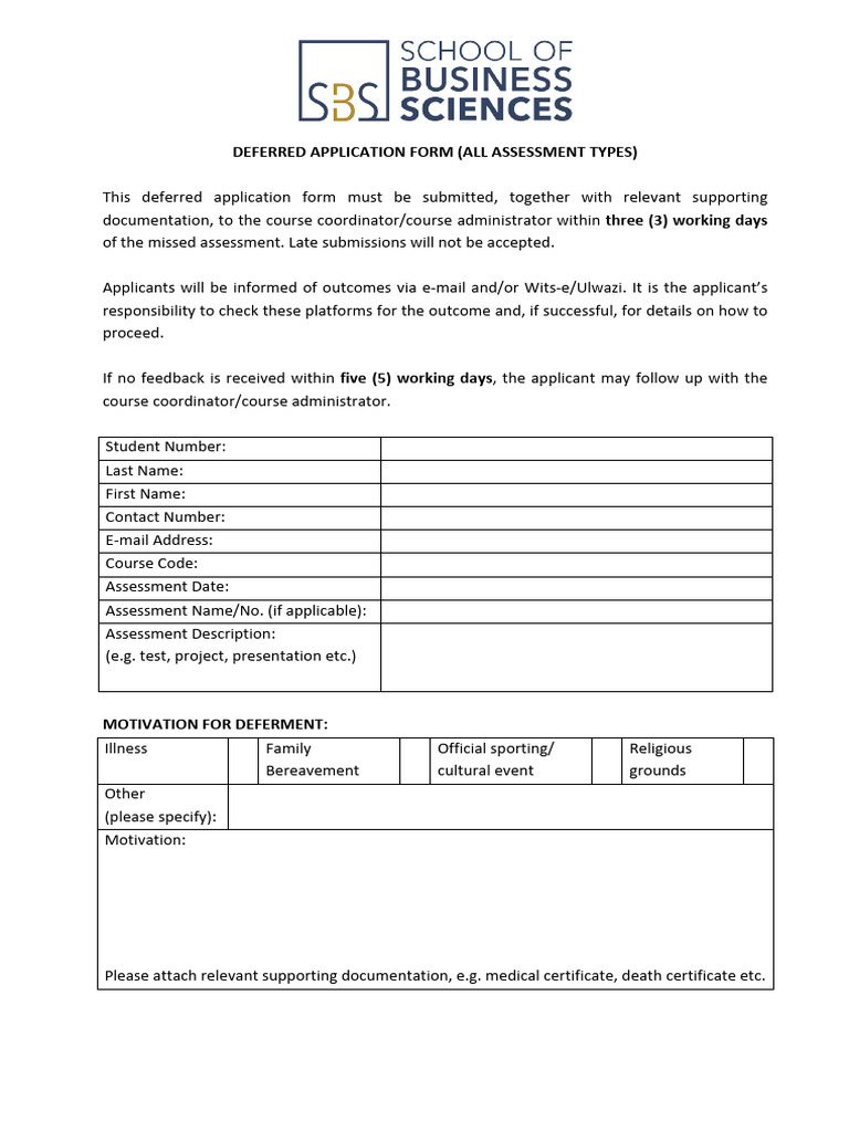 SBS - Deferred Application Form | PDF