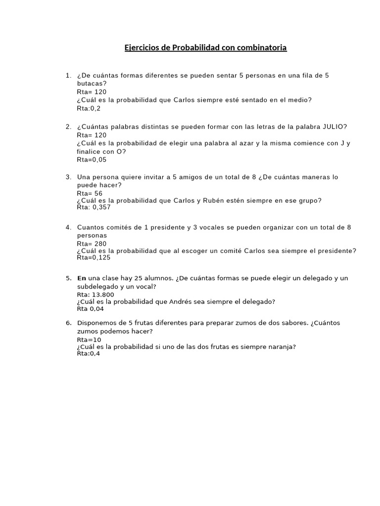 Ejercicios de Probabilidad Con Combinatoria | PDF