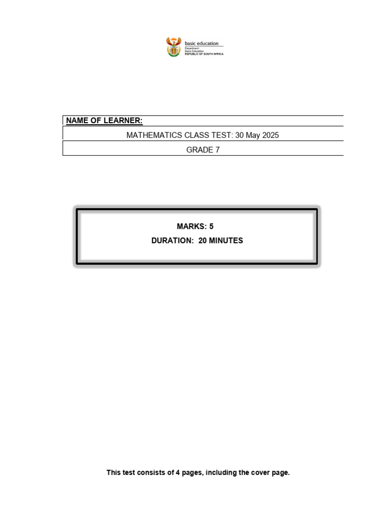 Grade 7 Mathematics Test 2025 | PDF