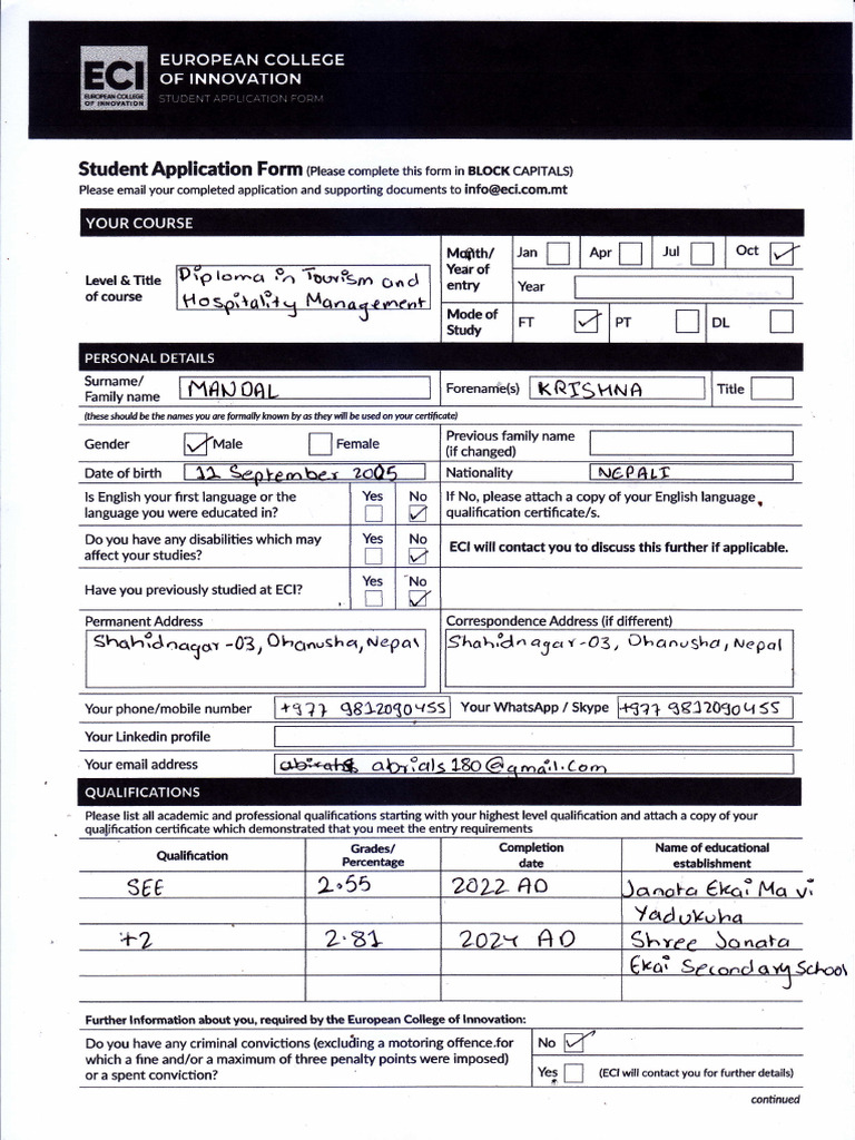 Application Form Krishna Mandal | PDF