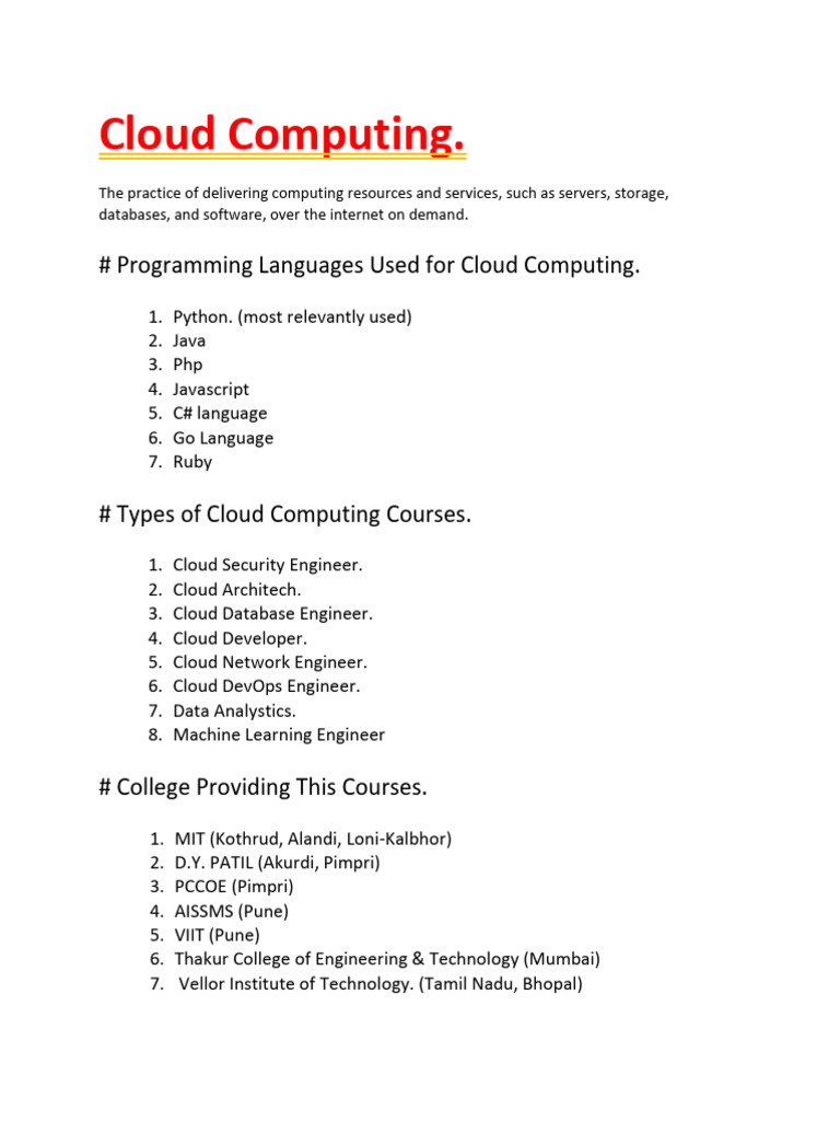 Cloud Computing Courses and Languages | PDF
