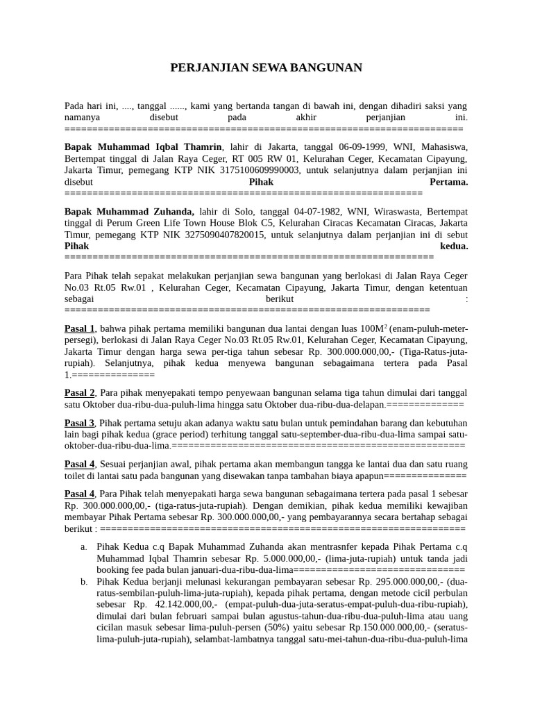PERJANJIAN Sewa Bangunan Soha | PDF