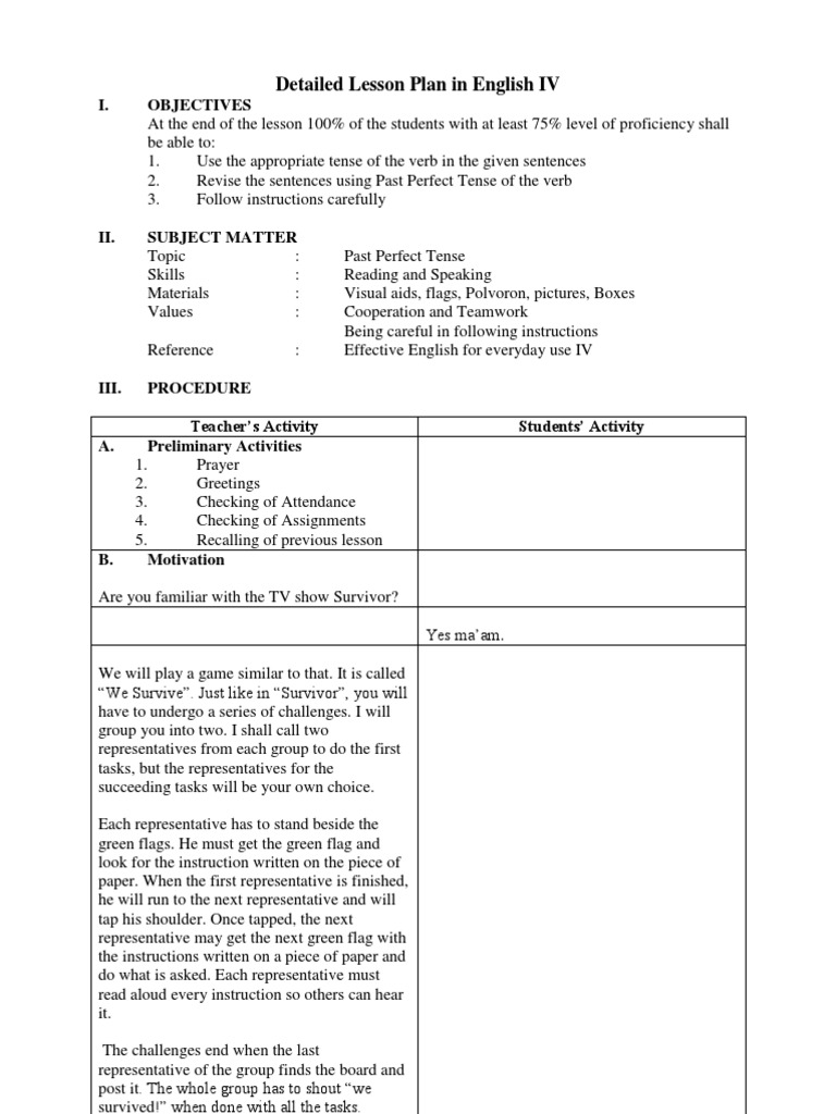 Detailed Lesson Plan in English IV | PDF | Perfect (Grammar ...