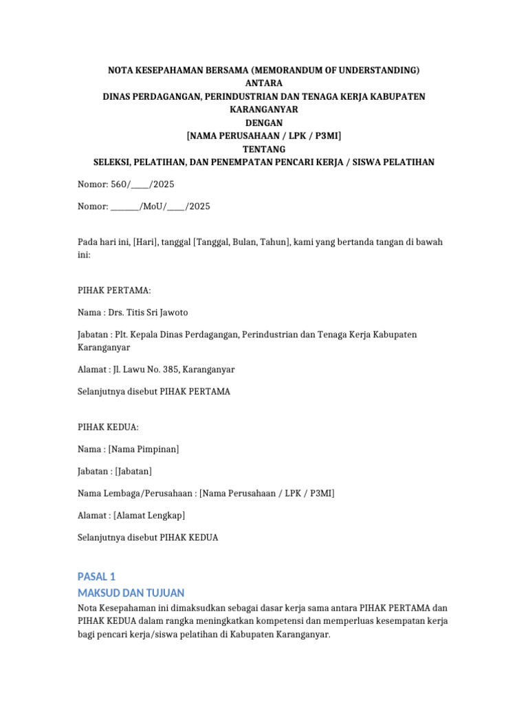 Draft MoU Disnaker Dengan Perusahaan | PDF