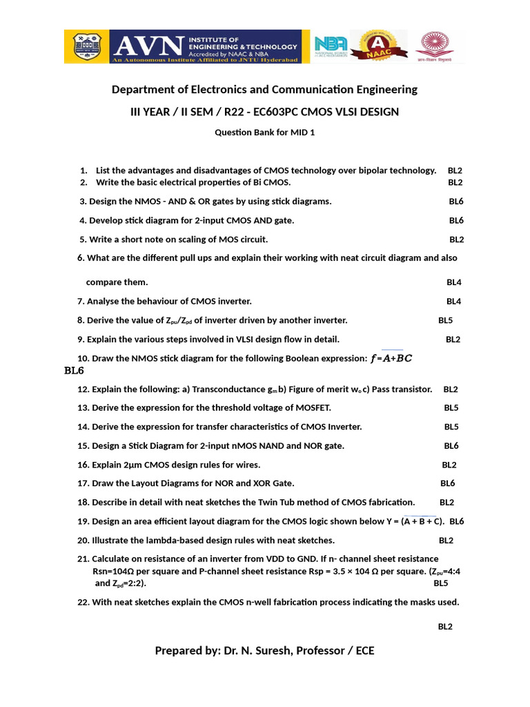 Mid 1 Vlsi Question Bank | PDF | Cmos | Mosfet