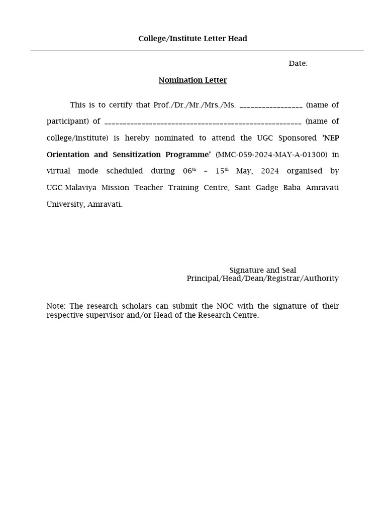 Proforma For Nomination Letter | PDF