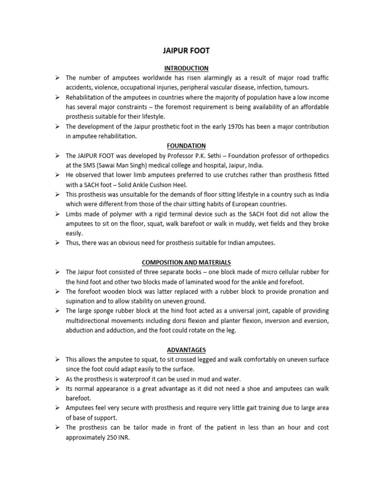 Jaipur Foot: Benefits and Limitations | PDF | Prosthesis | Foot