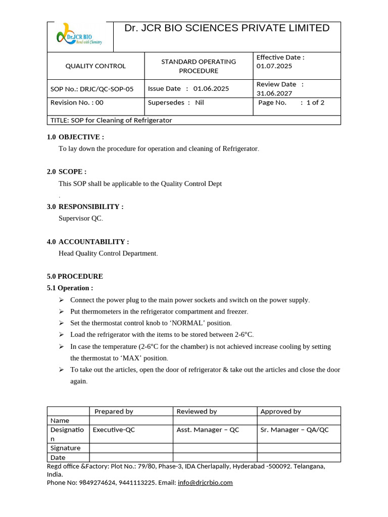 SOP for Refrigerator Cleaning Procedure | PDF | Refrigerator ...