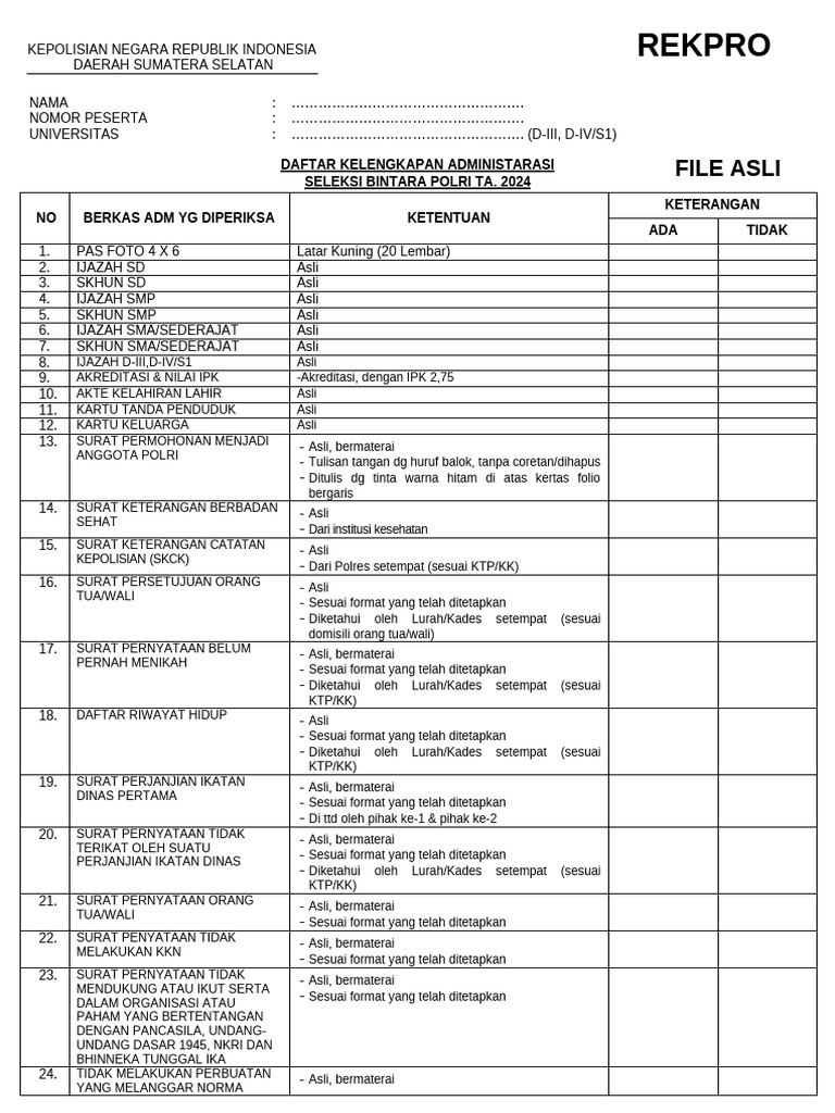 Daftar Berkas Seleksi Bintara POLRI 2024 | PDF