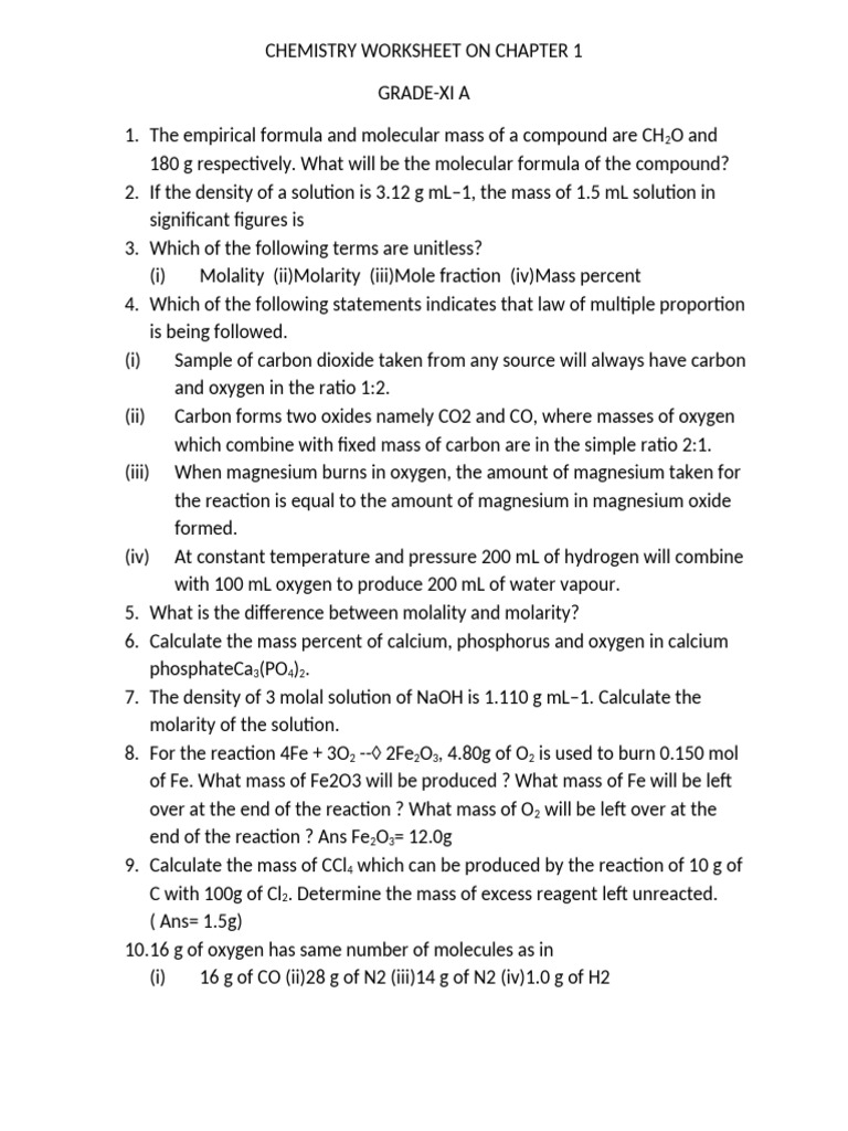 Chemistry Worksheet | PDF