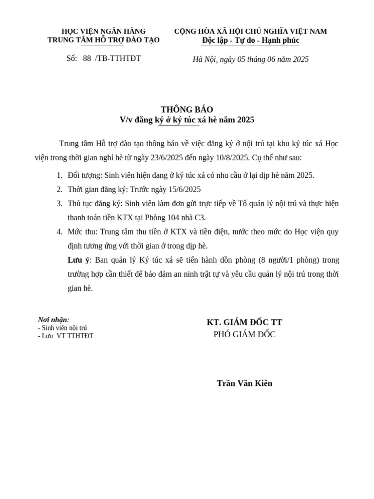 Thong Báo Dăng Ký KTX Hè 2025 | PDF