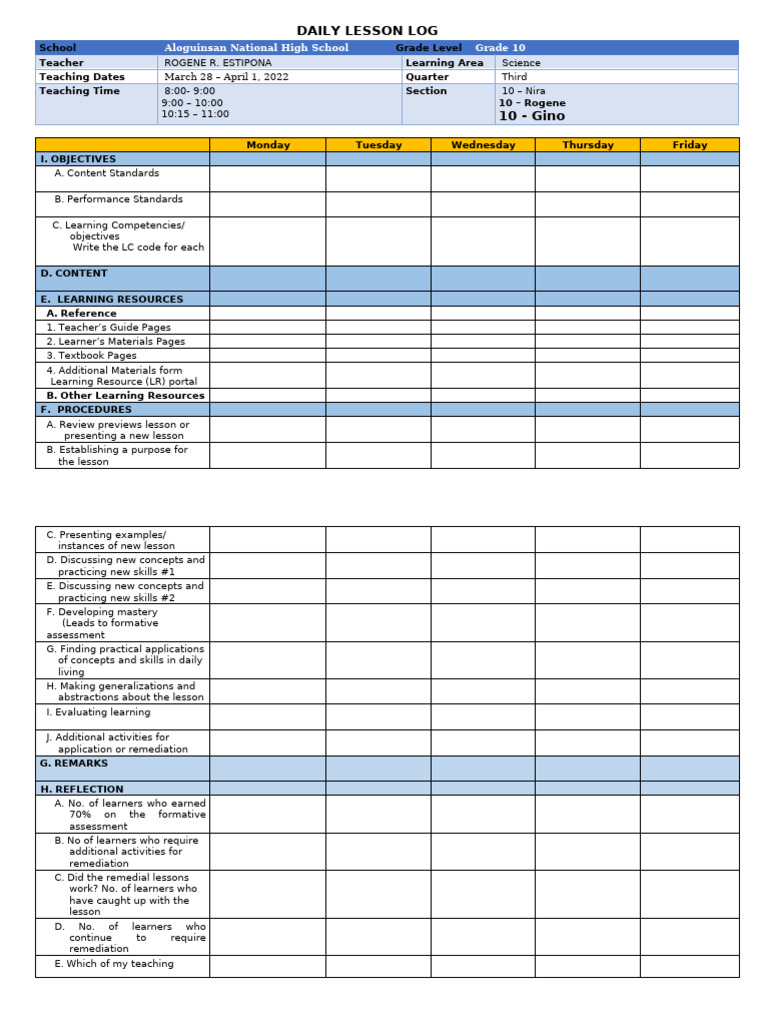 Daily Lesson Log Template | PDF