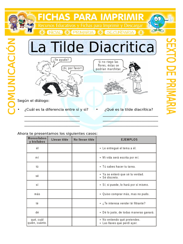 Ficha La Tilde Diacritica para Sexto de Primaria | PDF | Morfología ...