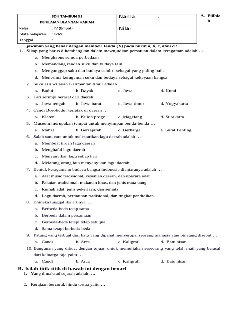 Ulangan Harian Merdeka Kelas 4 | PDF