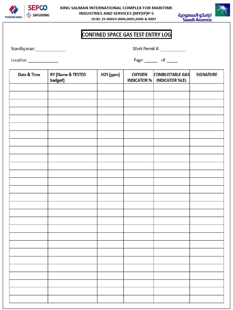Confined Space Gas Test Log Pdf
