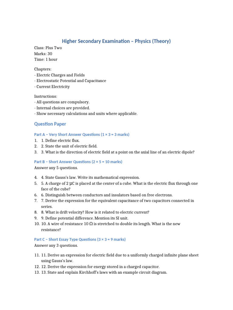 Plus Two Physics Question Paper and Marking Scheme | PDF | Capacitance ...