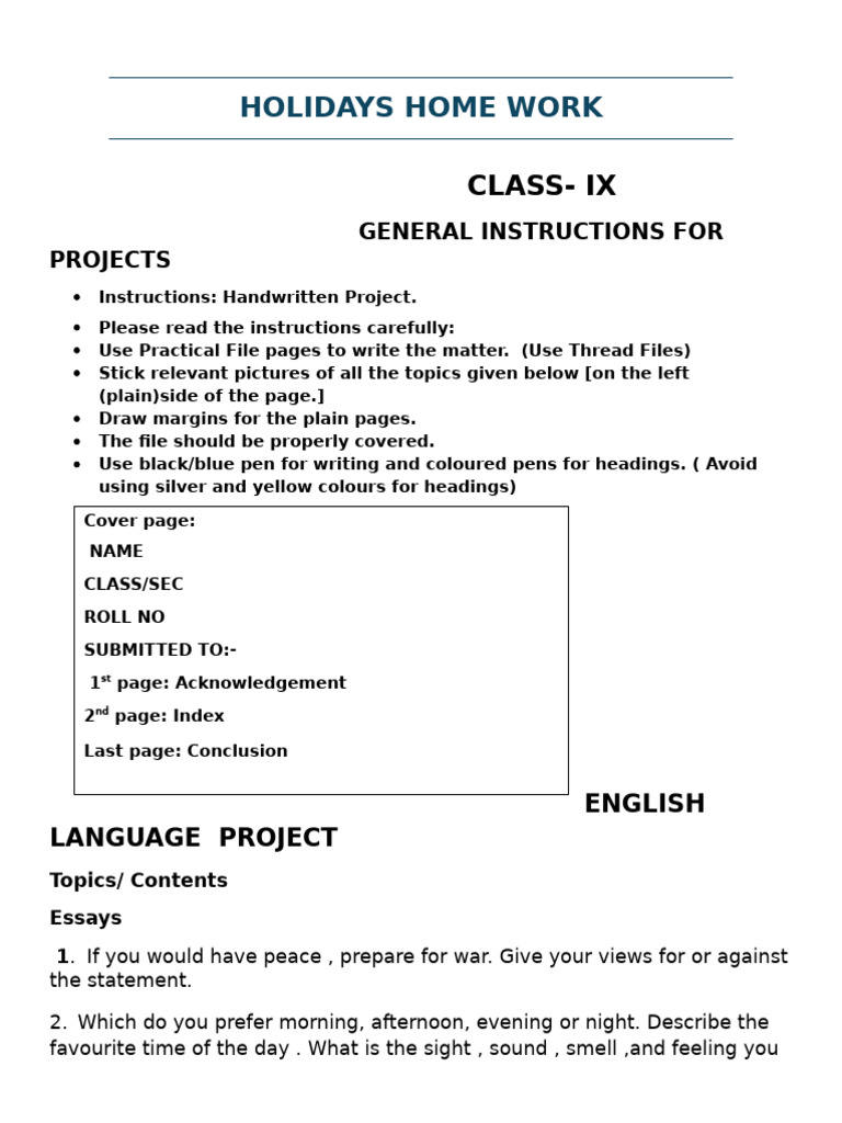 Class IX Holiday Homework Guidelines | PDF
