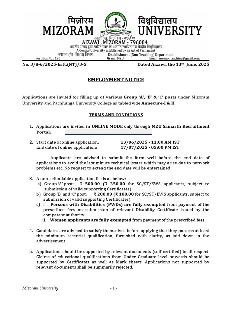 Advertisement of Non-Teaching Posts in MZU PUC 2025-1 | PDF