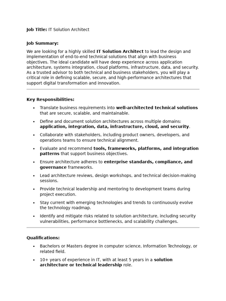 JD - IT Solution Architect | PDF | Cloud Computing | Computer Security
