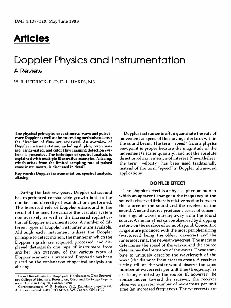 Hedrick Hykes 1988 Doppler Physics and Instrumentation A Review | PDF