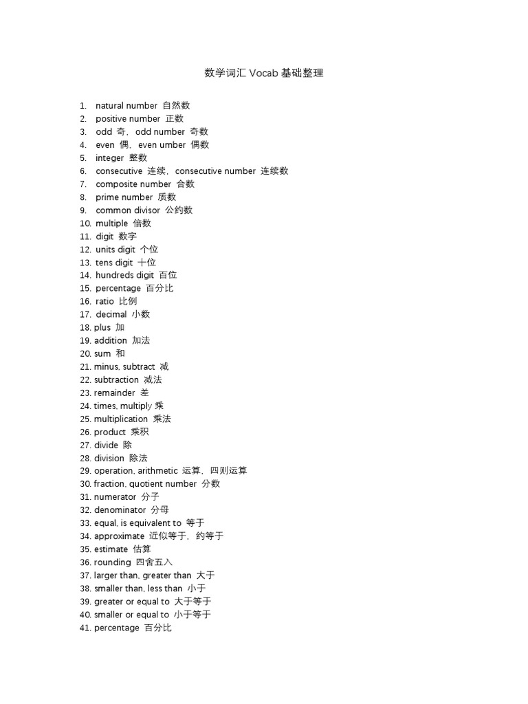 Vocab (Chinese and English) For Some Basic Math Content in Elementary ...