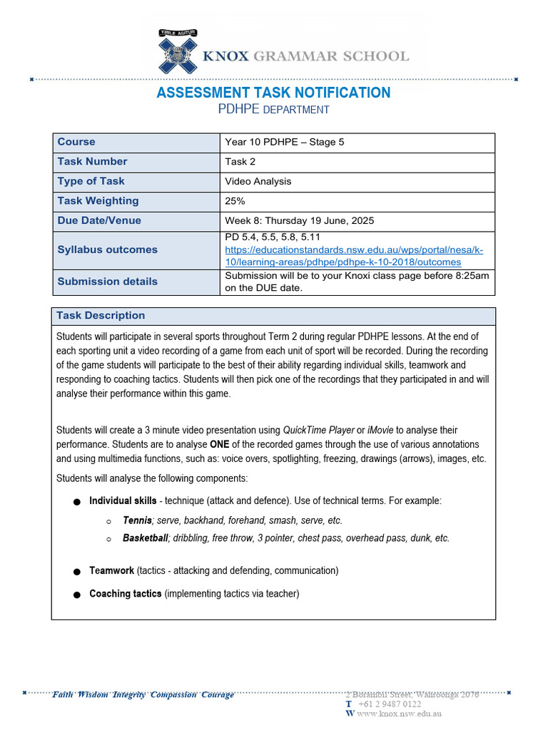 10 PDHPE Task 2 Assessment Task Notifcation - Game Analysis | PDF ...