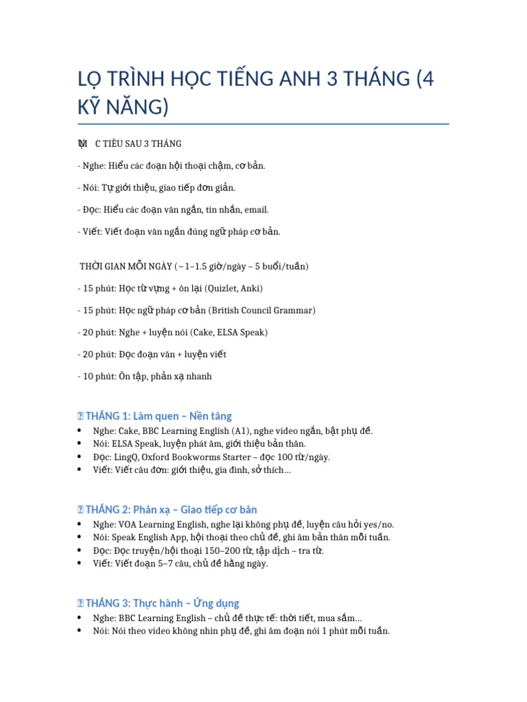 Lo Trinh Hoc Tieng Anh 3 Thang 4 Ky Nang | PDF