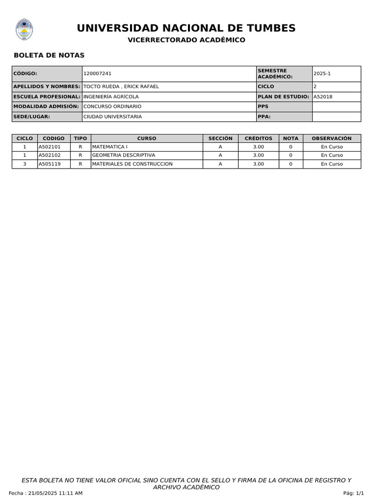 Boleta Notas 120007241 2025 1 | PDF
