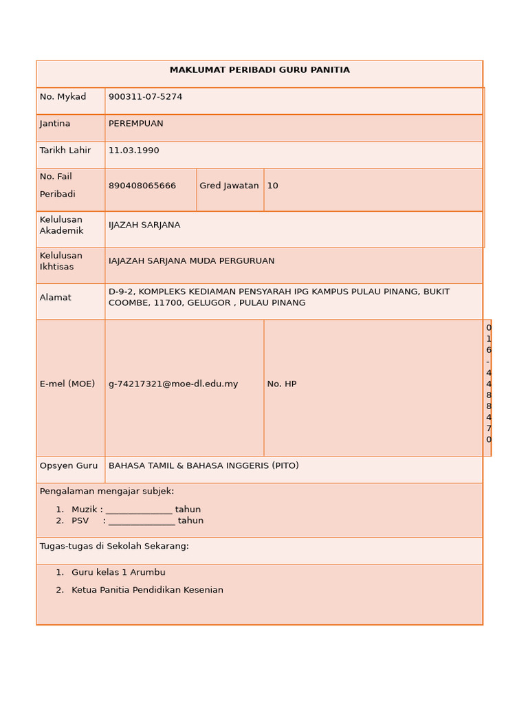 Maklumat Peribadi Guru Panitia | PDF