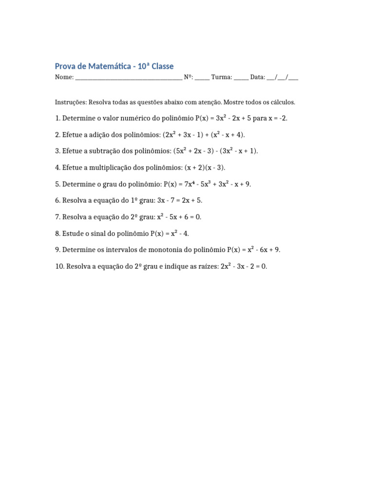 Prova de Matemática: Polinômios e Equações | PDF