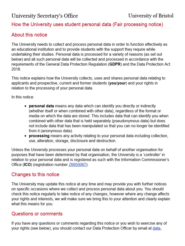 Student Fair Processing Notice - University Secre | PDF | Justice ...