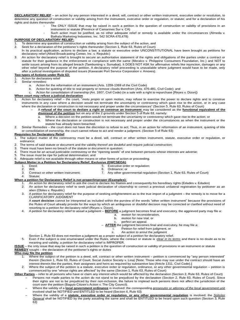Declaratory Relief Rule 63 | PDF | Legal Remedy | Lawsuit