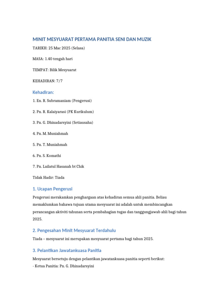 Minit Mesyuarat Panitia Seni Dan Muzik 2025 | PDF