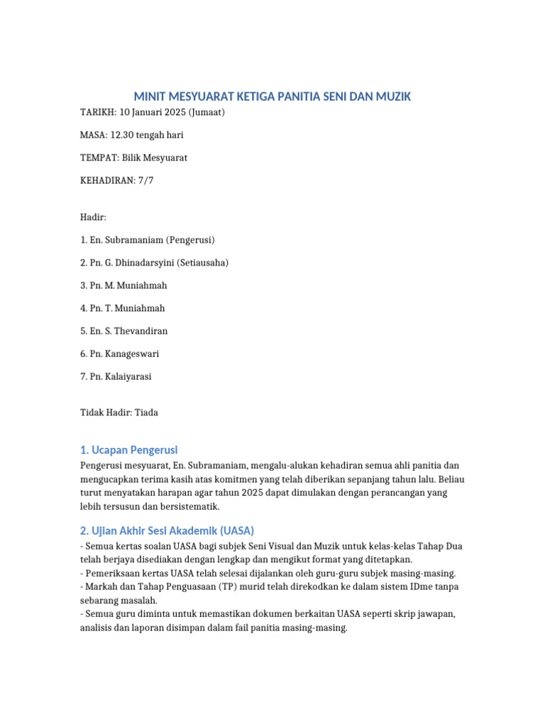 Minit Mesyuarat Ketiga Panitia Seni Dan Muzik 2025 | PDF