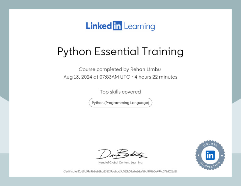CertificateOfCompletion - Python Essential Training | PDF