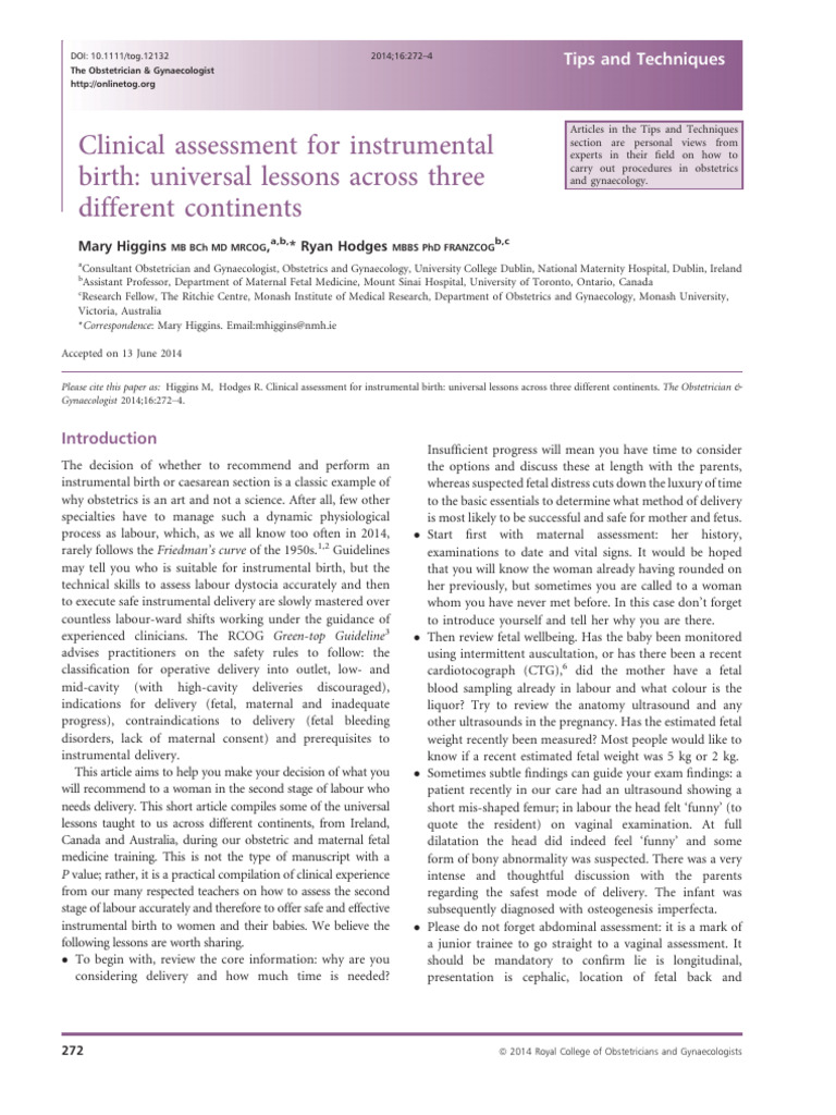 Clinical Assessment For Instrumental Birth-Universal Lessons Across ...