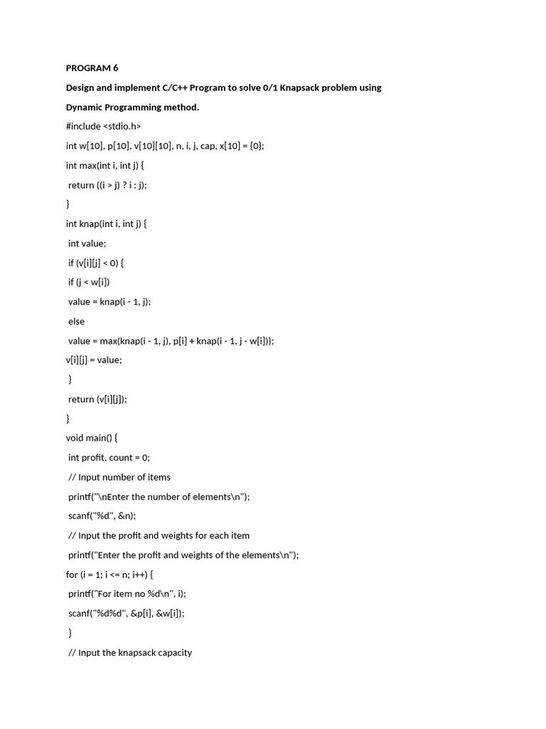 PROGRAM 6 Knapsack Dynamic | PDF