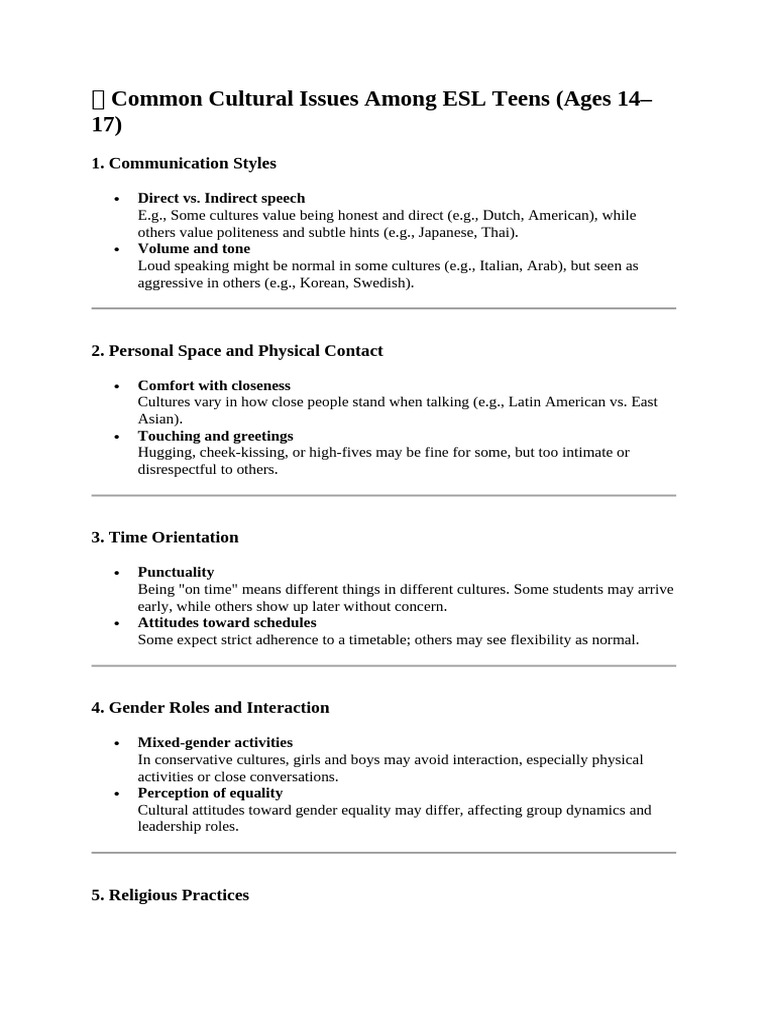 ESL Teens: Navigating Cultural Differences | PDF | Gender Role ...